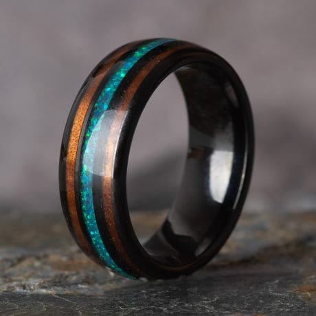 Opal and Koa Wood Black Tungsten Ring (8mm wide) - Royal Mile Silver